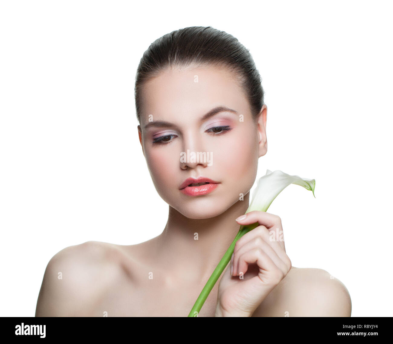 Beauty woman with lily flower isolated on white background. Beautiful ...