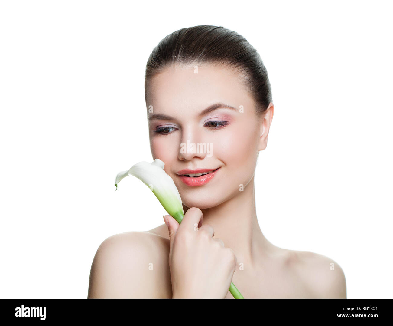 Cheerful woman spa model isolated on white background. Cute face, clear ...