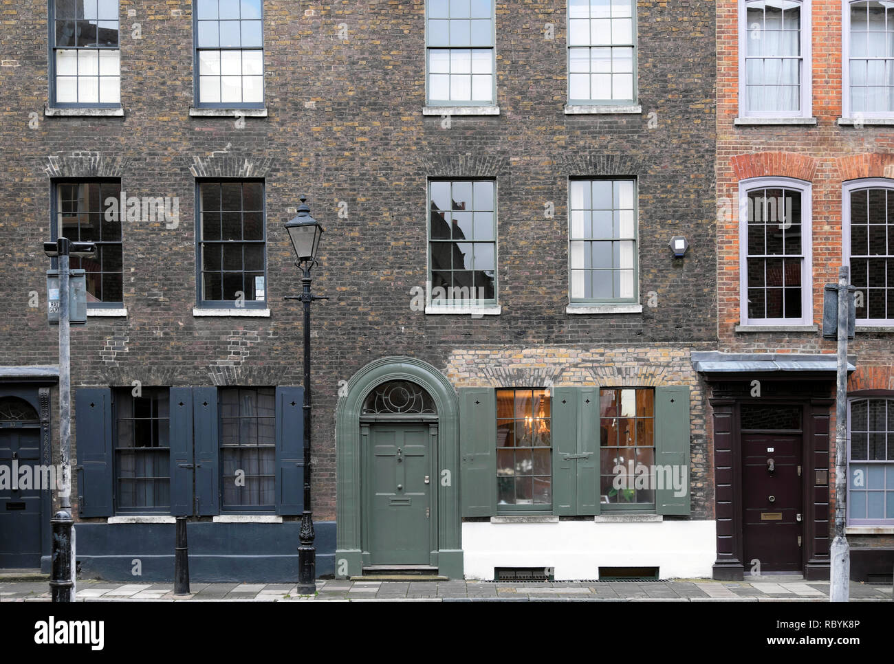 Exterior view of houses, windows with shutters and doors on historic ...