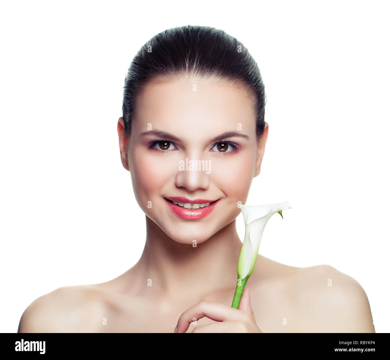 Smiling woman with calla lily flower isolated on white background Stock ...