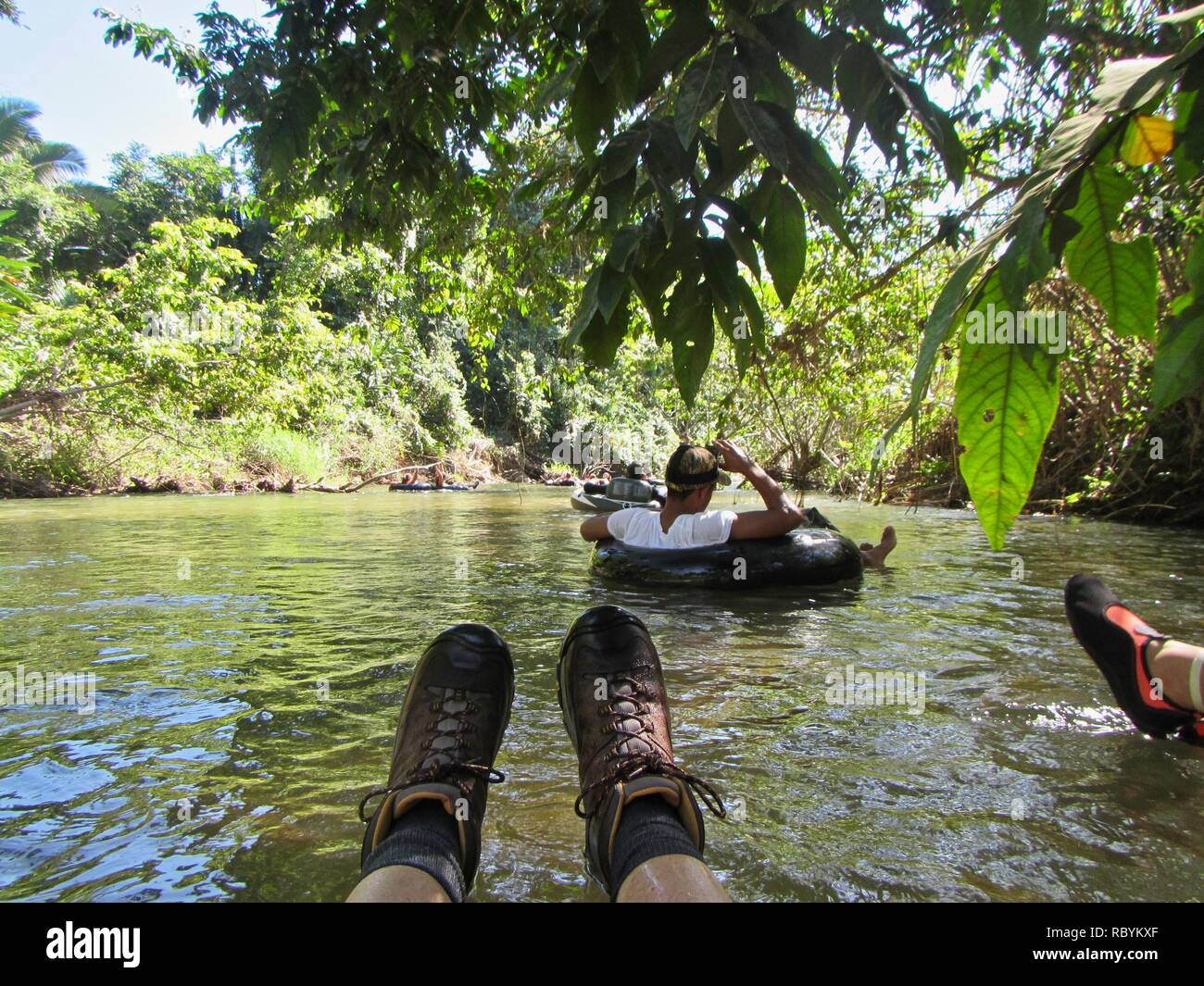 Tubing down a jungle river in a nature reserve in Belize Stock Photo ...