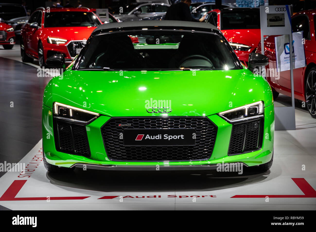 BRUSSELS - JAN 10, 2018: Audi R8 V10 sports car showcased at the ...