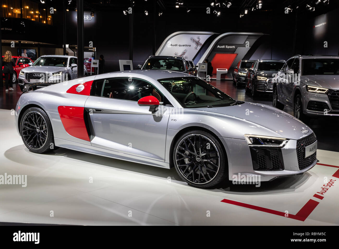 BRUSSELS - JAN 10, 2018: Audi R8 V10 sports car showcased at the ...