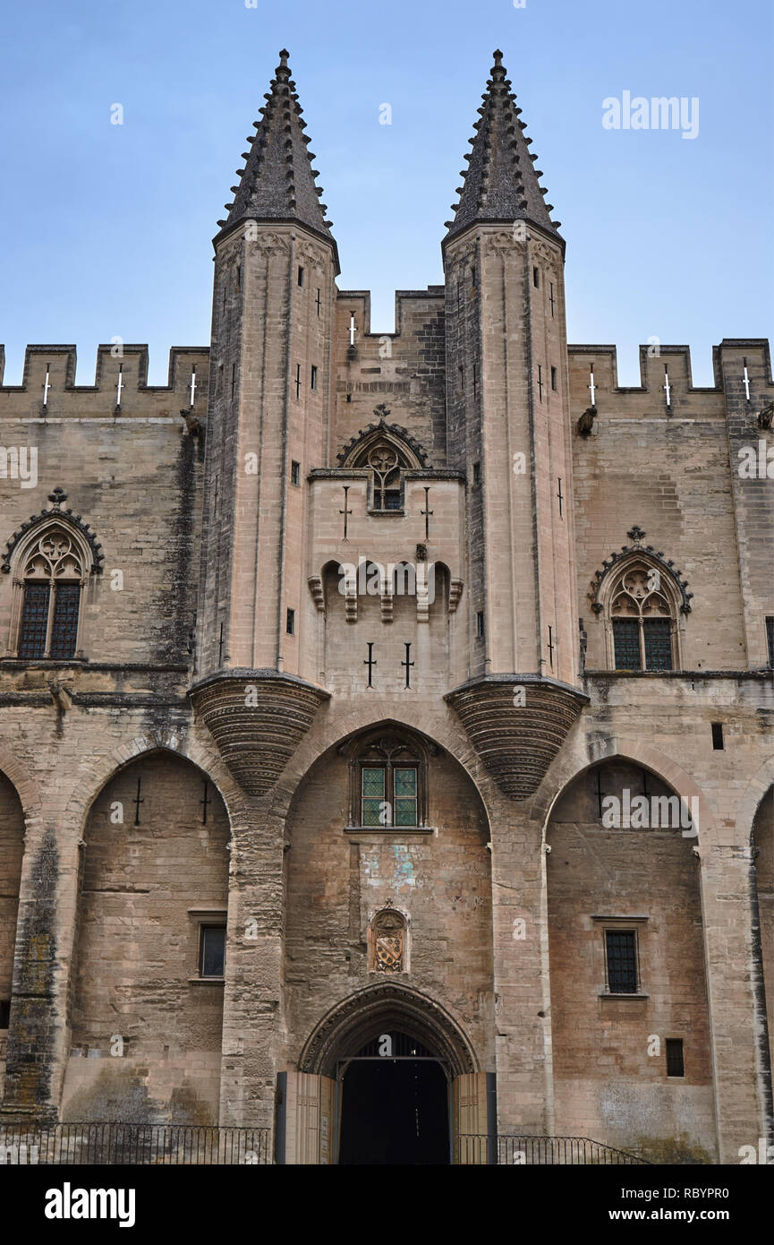 walls of the medieval Castle of the Popes in the city of Avignon in ...