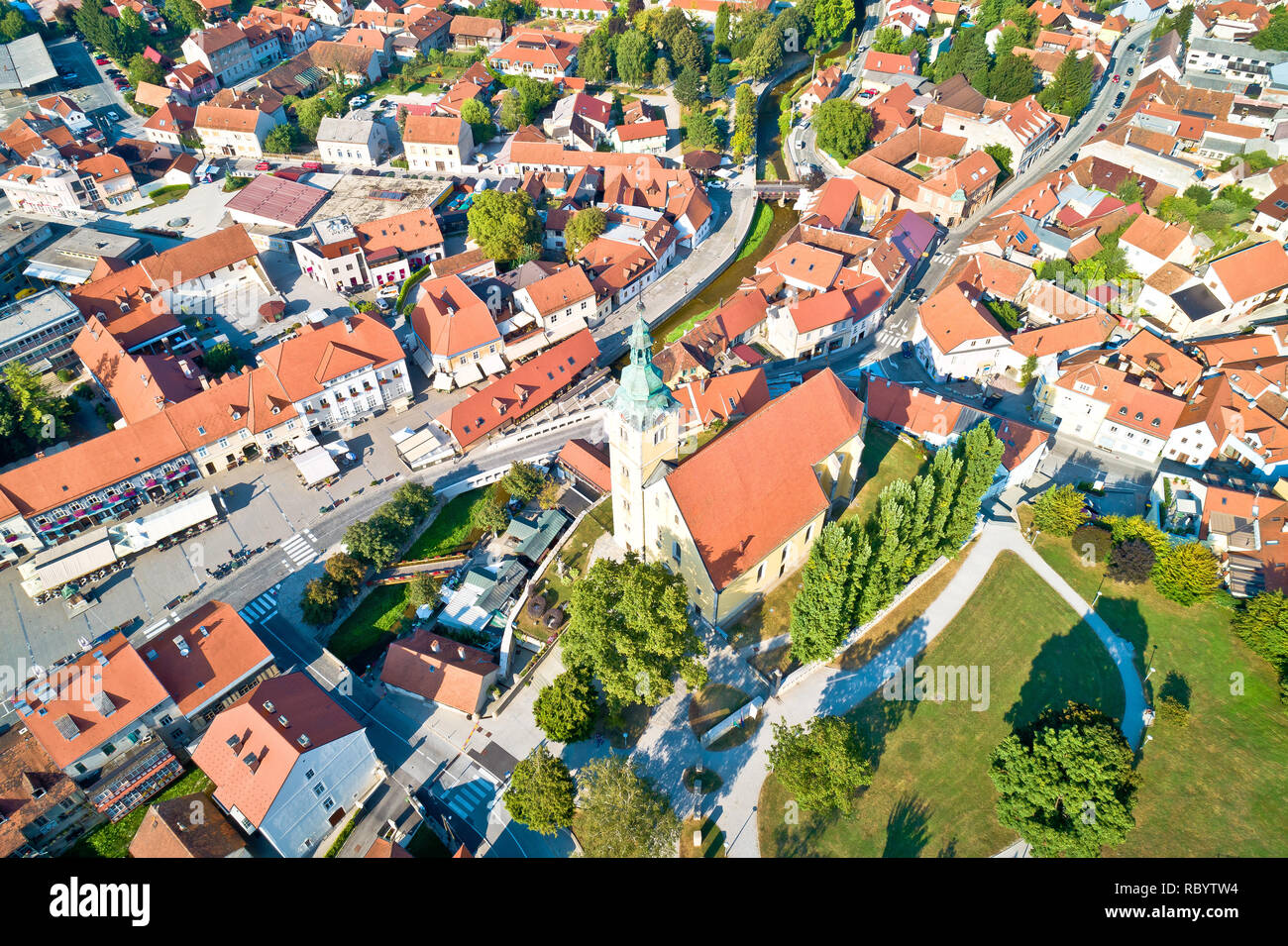 Samobor main square and church tower aerial view, northern Croatia ...