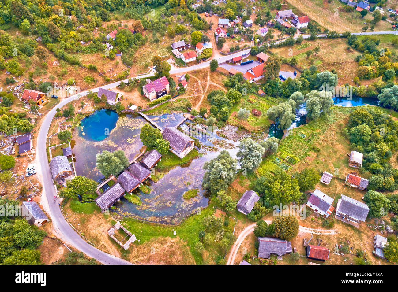 Majerovo vrilo river source of Gacka aerial view, Lika region of ...
