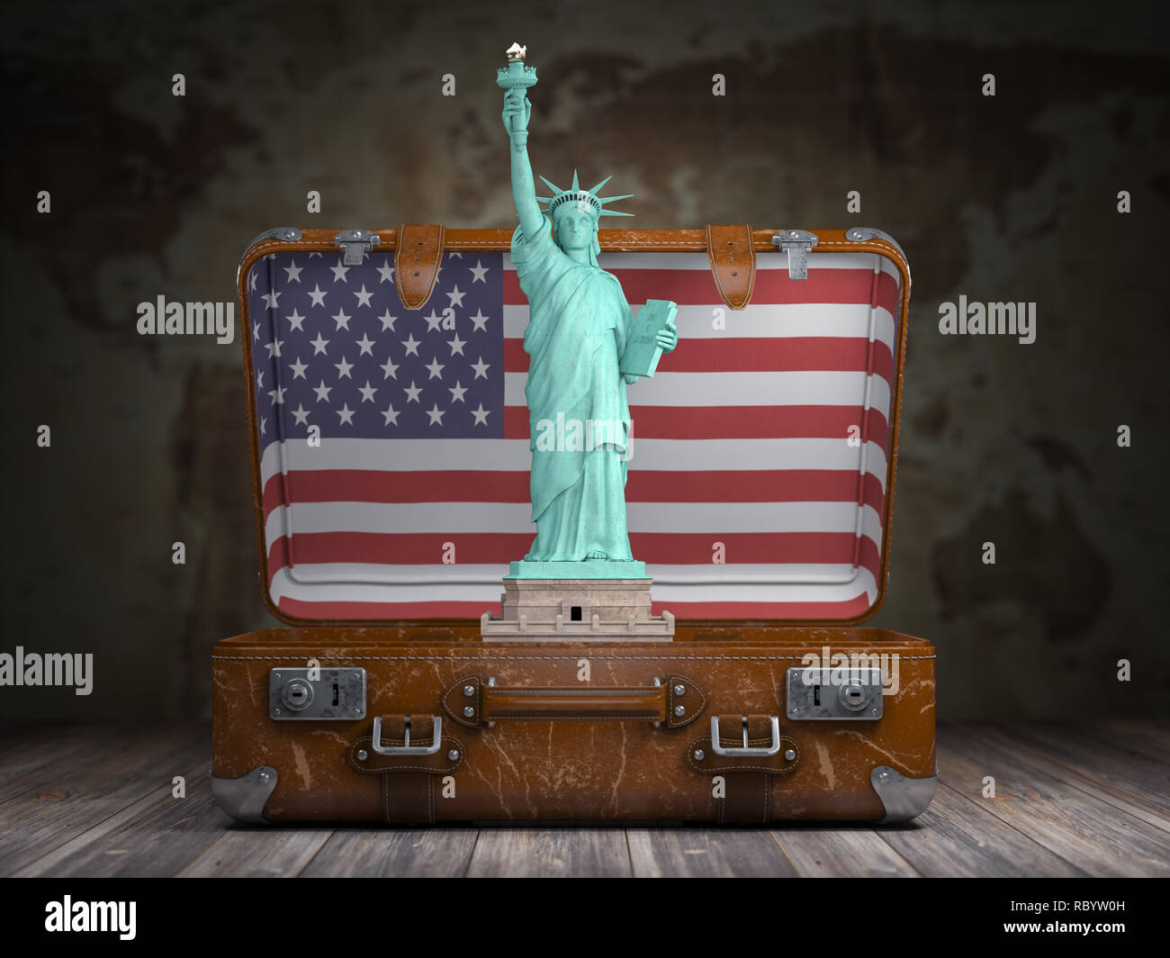 Statue of liberty and vintage suitcase with flag of USA. Travel and ...
