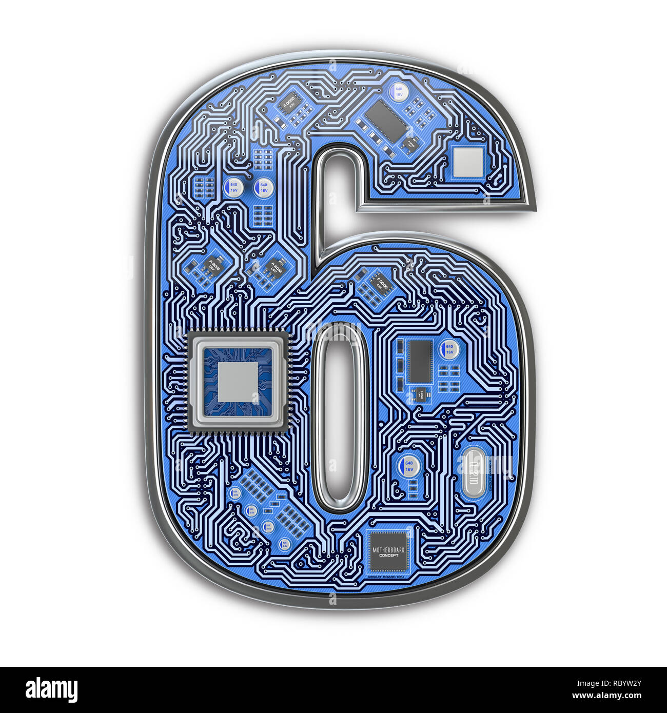 Number 6 six, Alphabet in circuit board style. Digital hi-tech letter ...