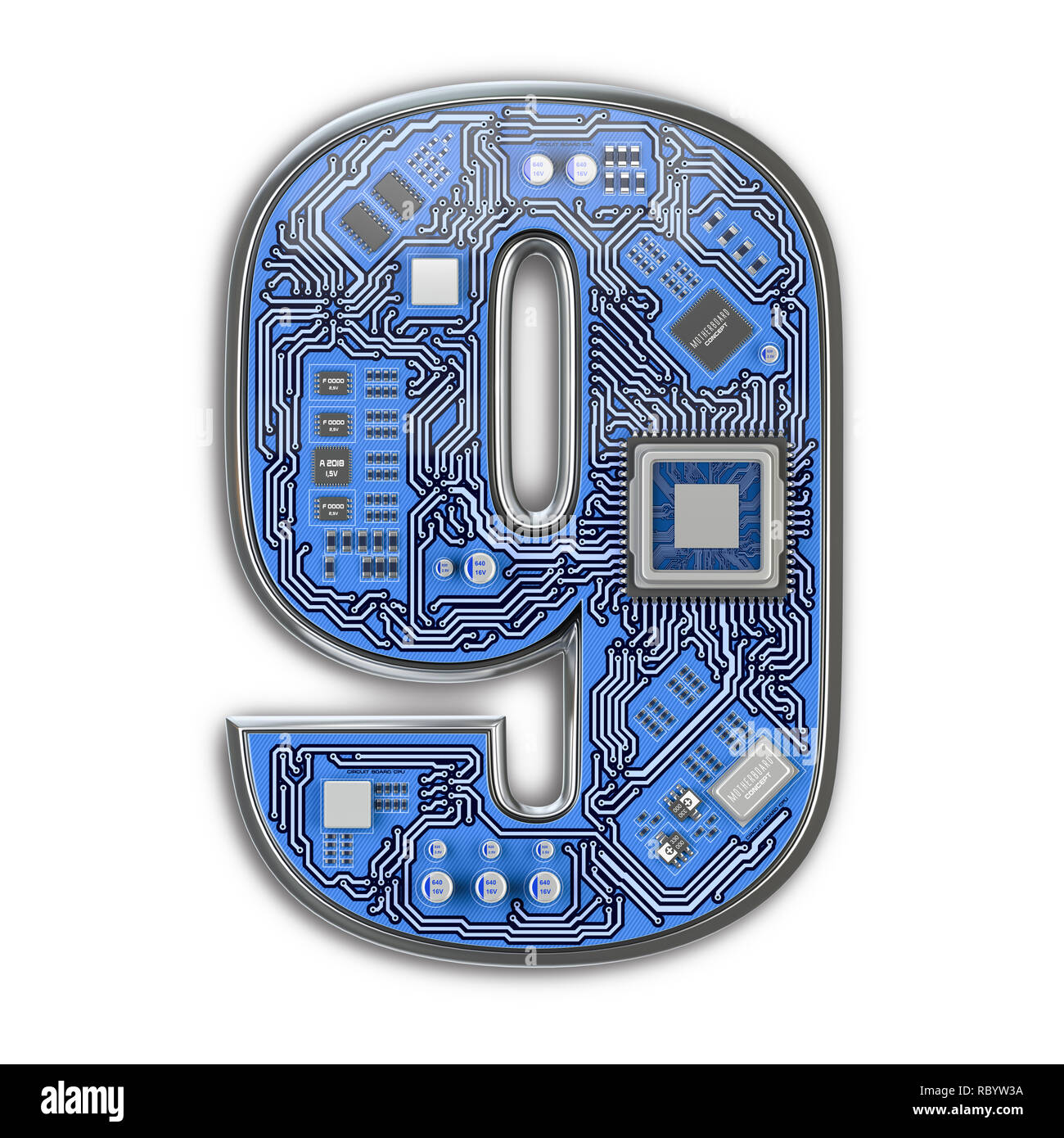Number 9 nine Alphabet in circuit board style. Digital hi-tech letter ...