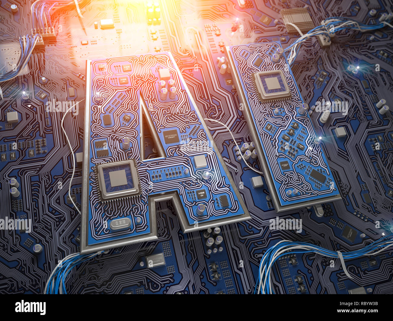 AI, Artificial Intelligence. Computer chips with CPU in form of text AI ...
