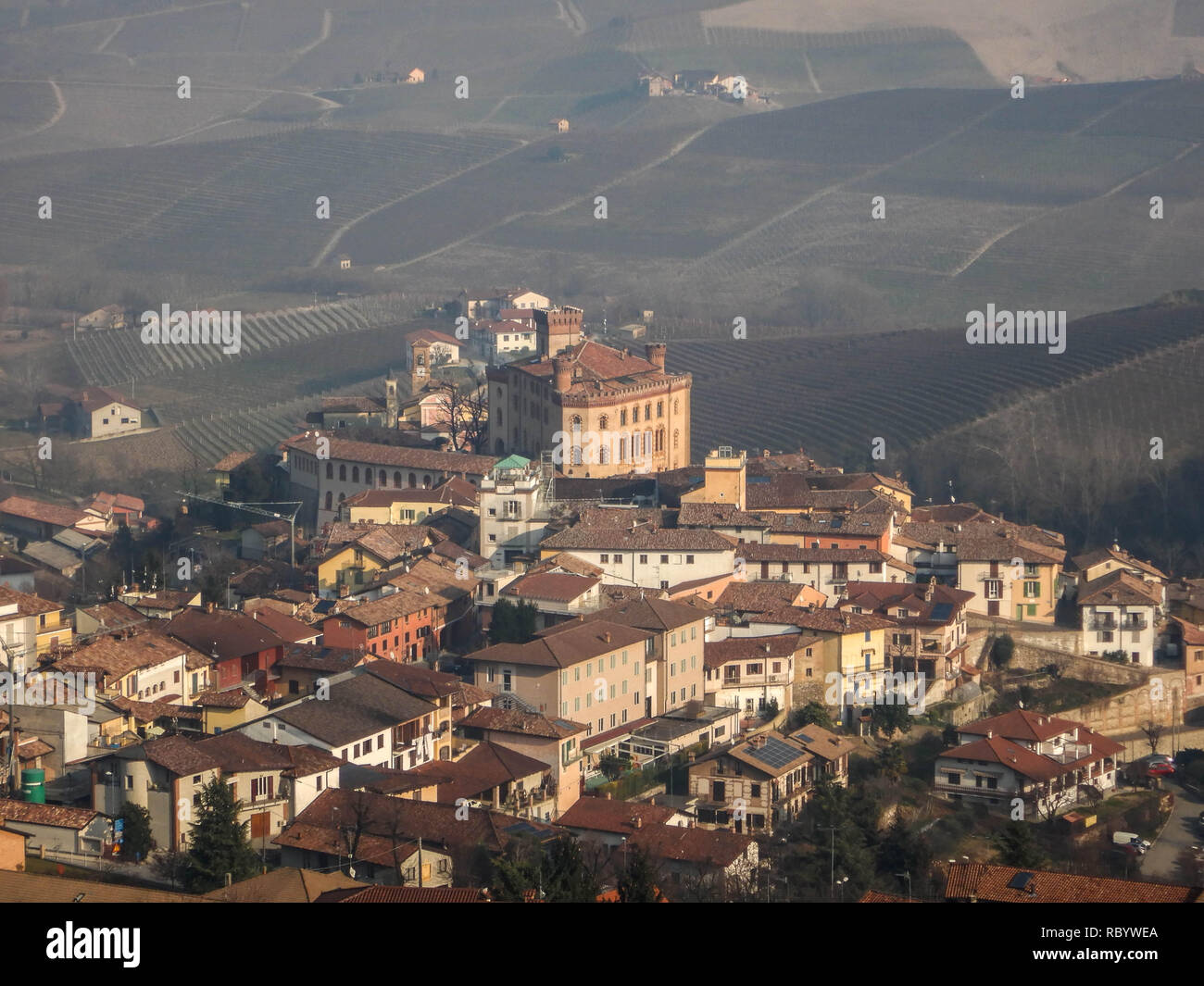 The Langhe hills with the town of Barolo, Piedmont - Italy Stock Photo ...