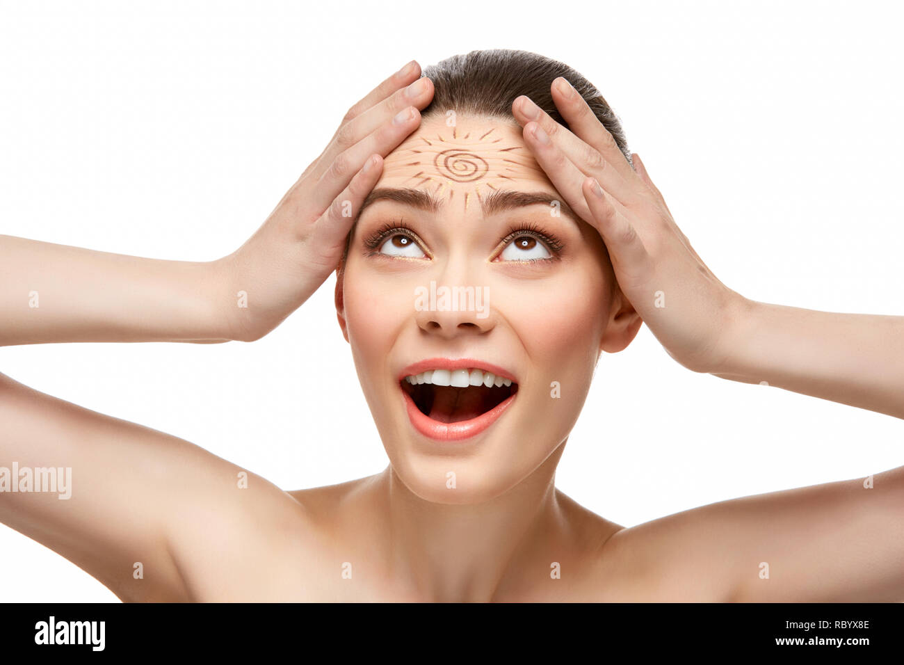 girl with sun drawing on forehead isolated on white Stock Photo - Alamy