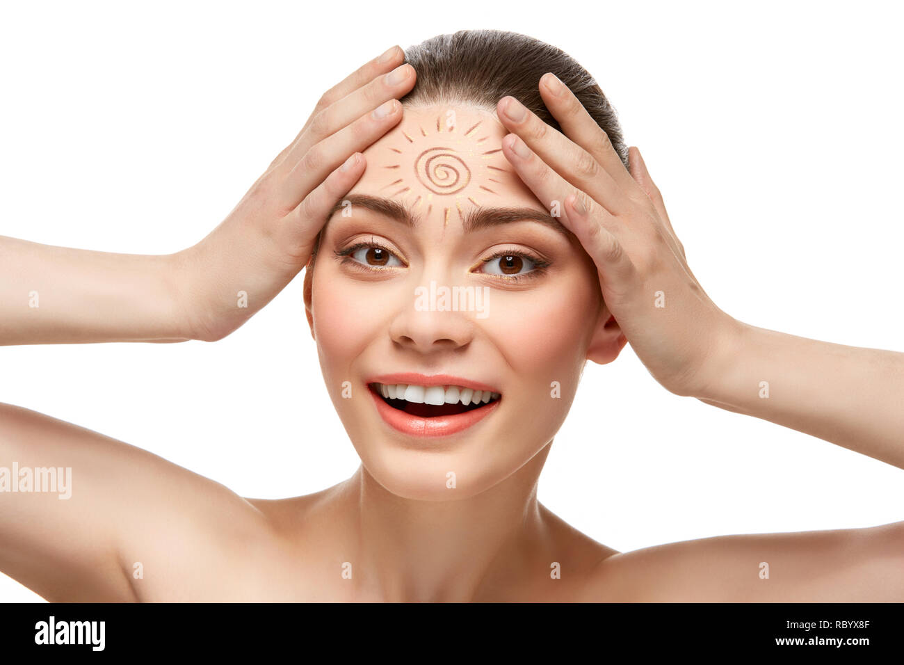 girl with sun drawing on forehead isolated on white Stock Photo - Alamy