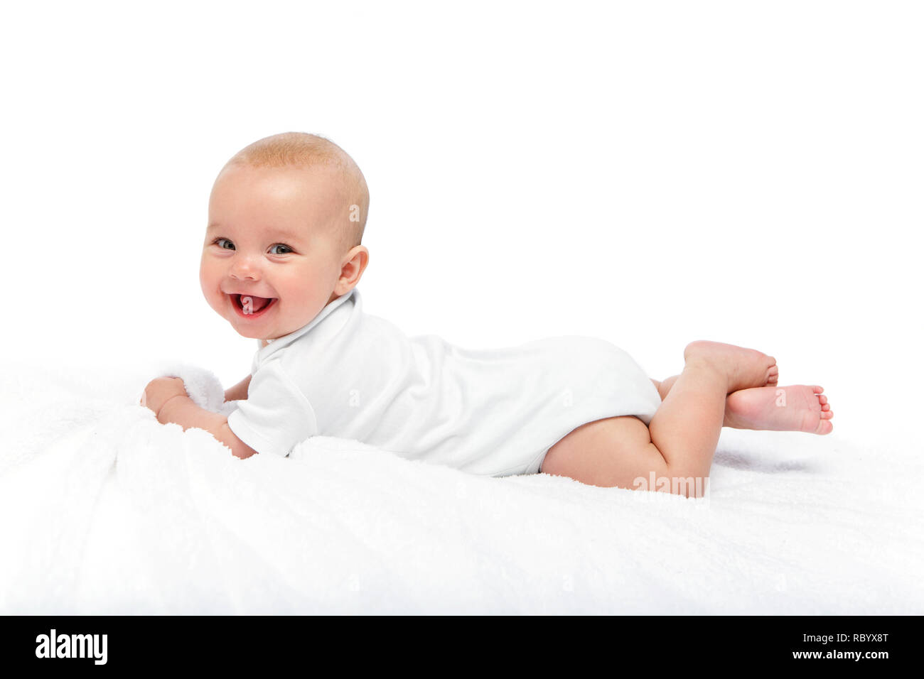 happy beautiful baby girl in white body suit Stock Photo - Alamy