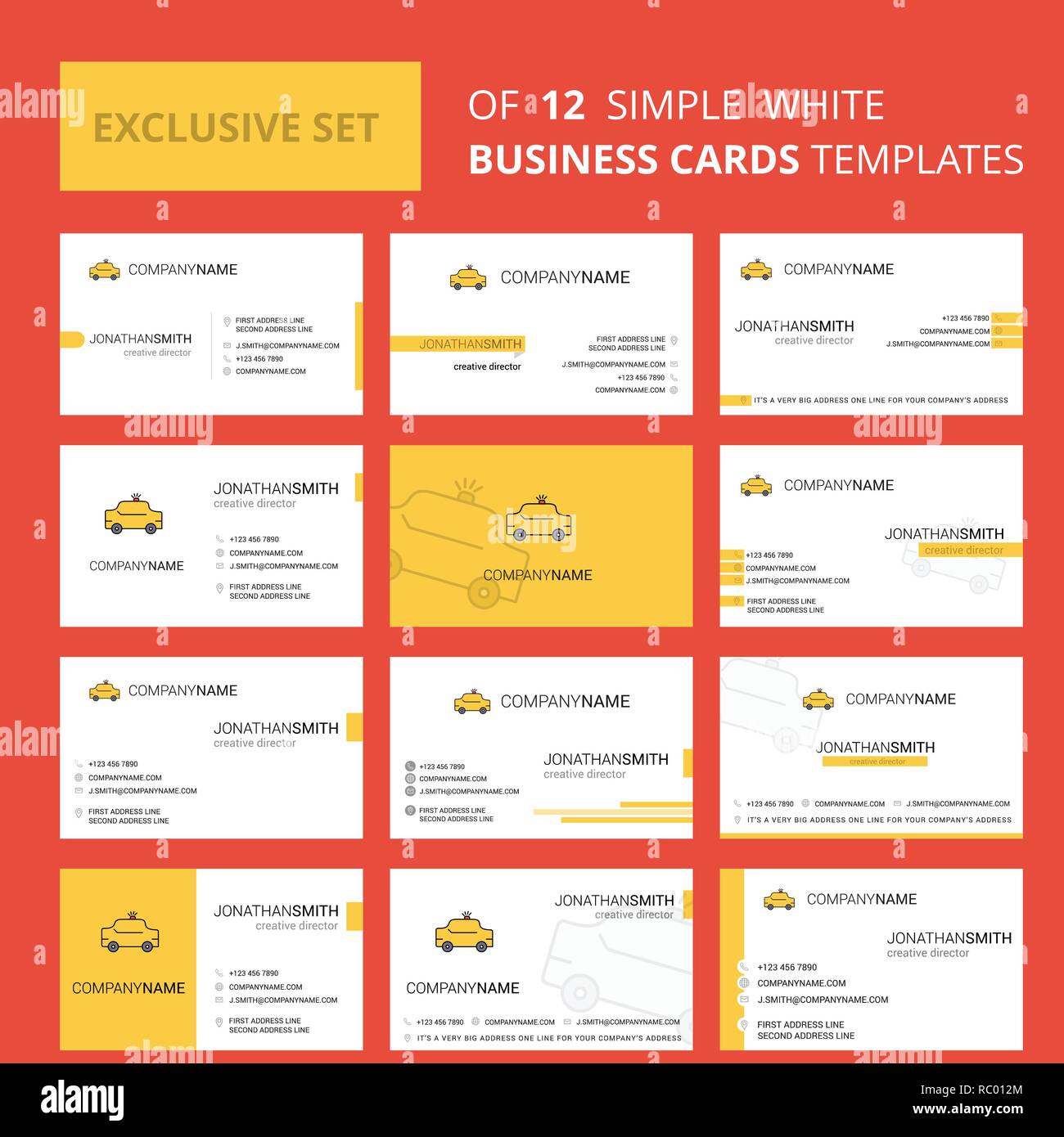 Set of 12 Taxi Creative Busienss Card Template. Editable Creative logo ...