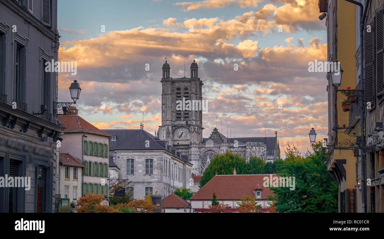 Beautiful ancient Troyes cathedral at sunset sky background, Champagne ...