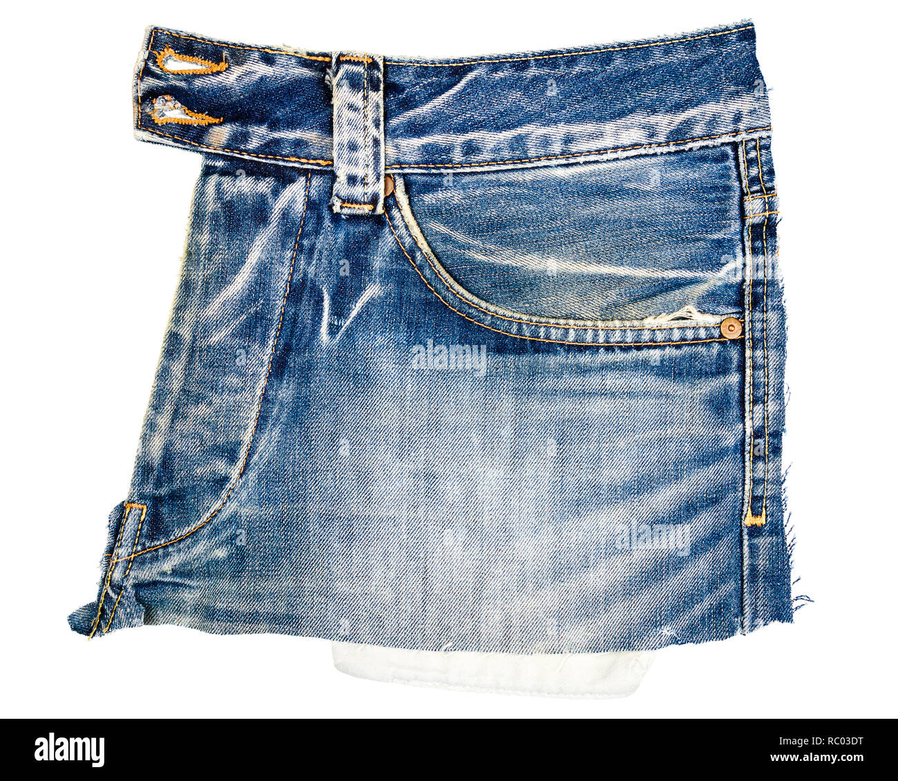 Piece of blue jeans fabric with a side pocket isolated on white ...