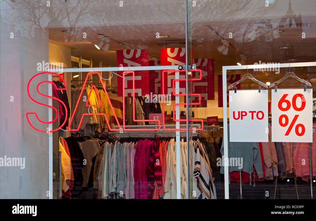 Sale sign in retail store window, Edinburgh, Scotland, UK Stock Photo ...