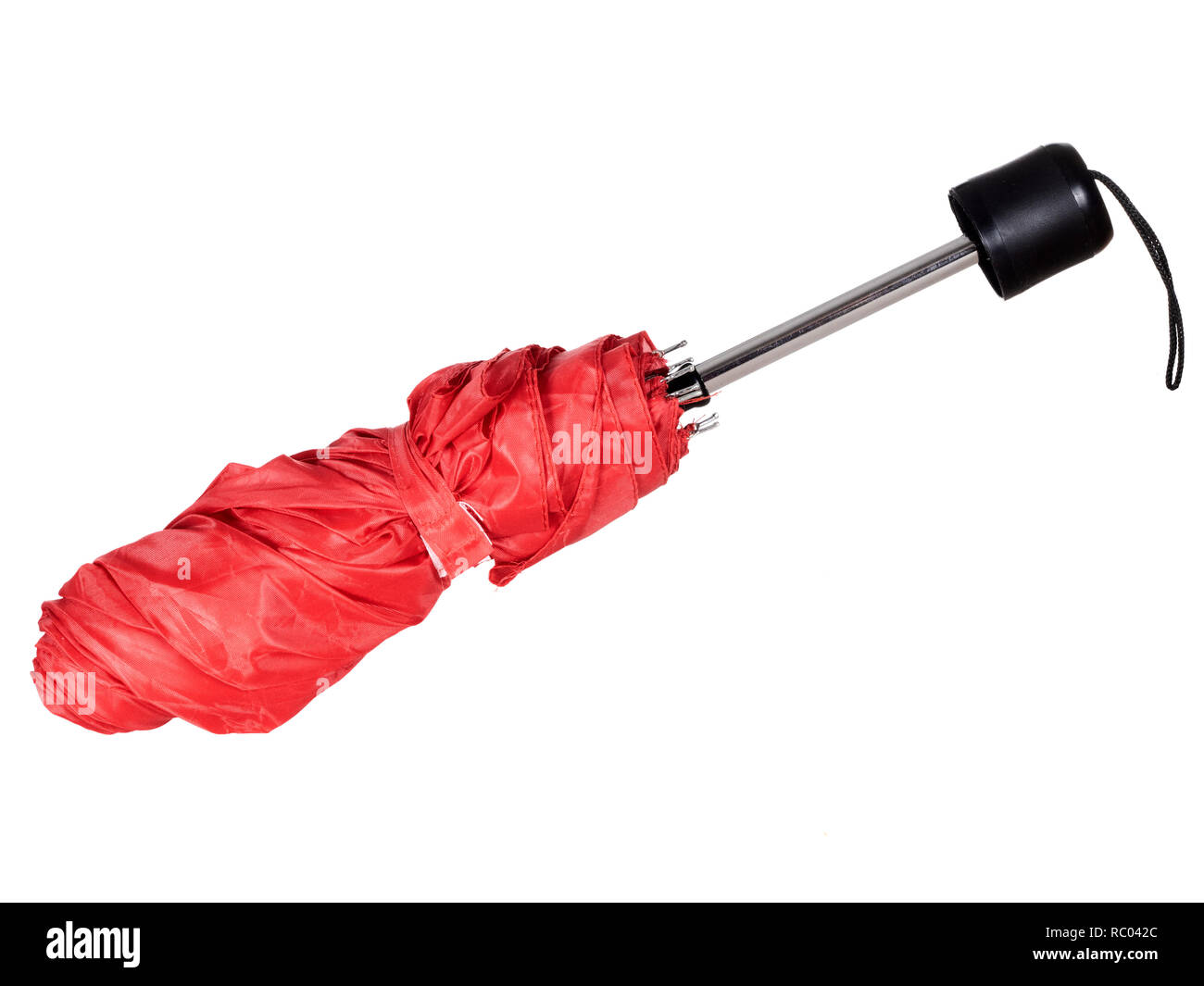 Red telescopic umbrella, part furled. Isolated on white background ...