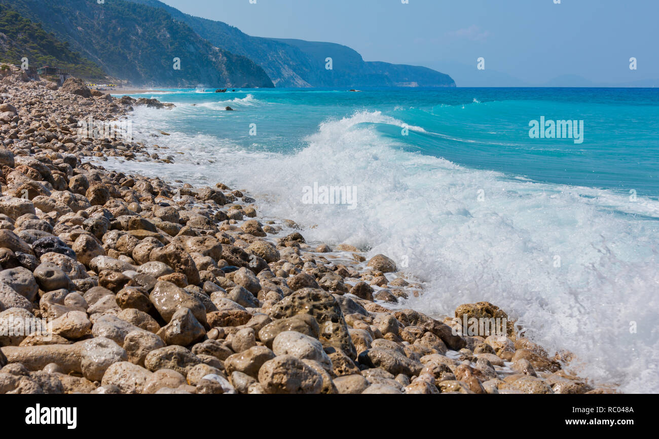Beautiful summer Lefkada coast stony beach, Greece, Ionian Sea Stock ...