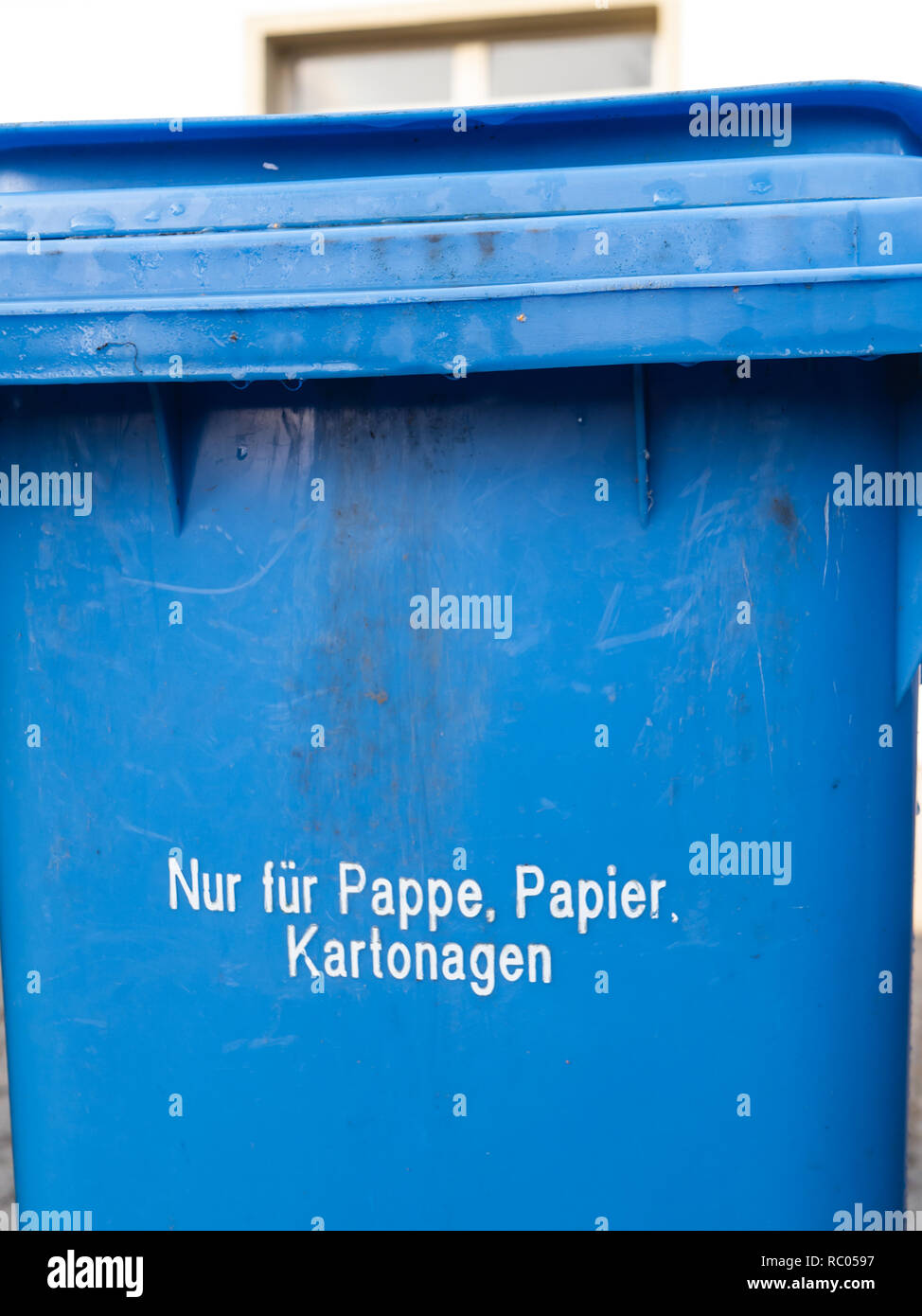 Blue German Garbage Can for Paper Waste, Text saying "Only for ...