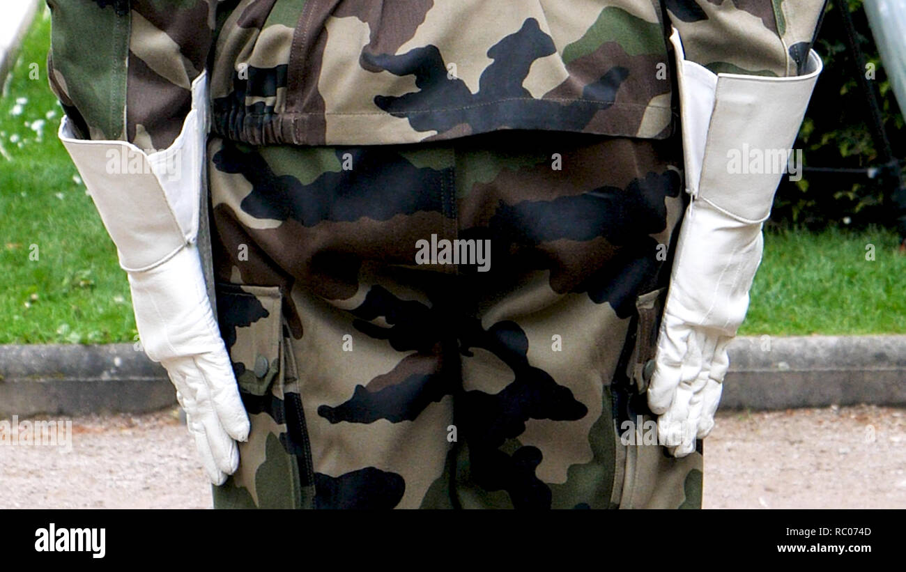 Rear view of military solider in camouflage white gloves ceremony to ...