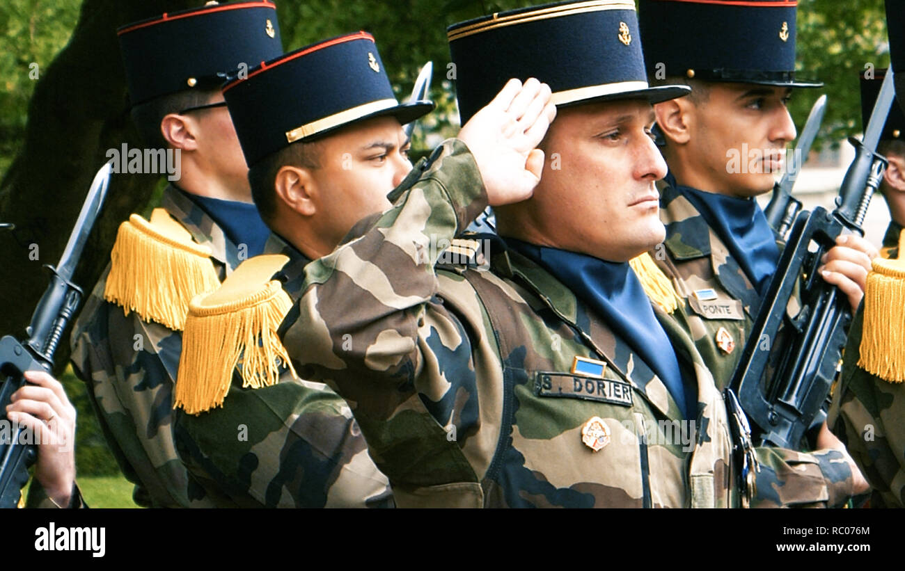 STRASBOURG, FRANCE - MAY 8, 2017: Military salute at ceremony to mark ...