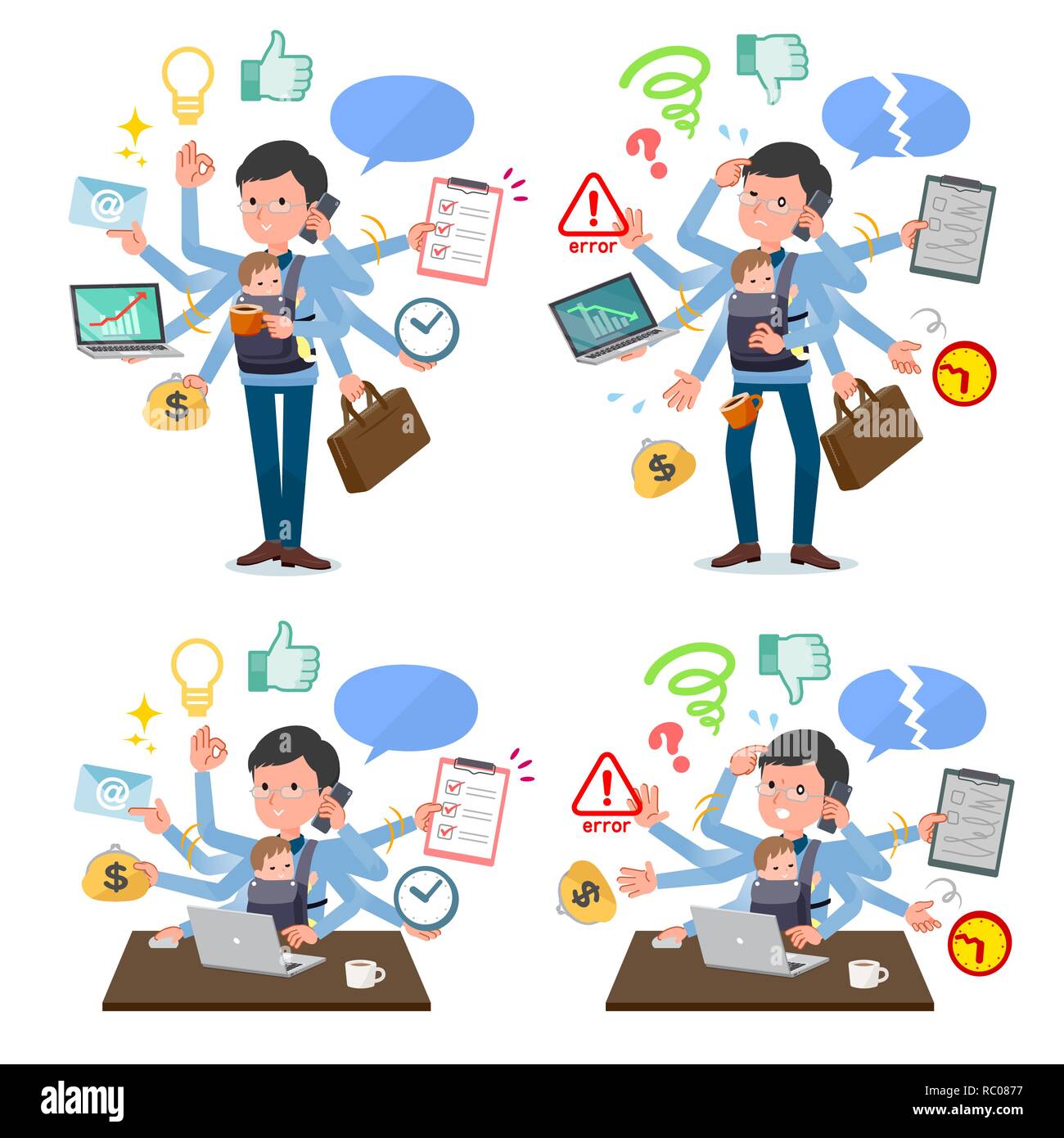 A set of man holding a baby who perform multitasking in the office ...