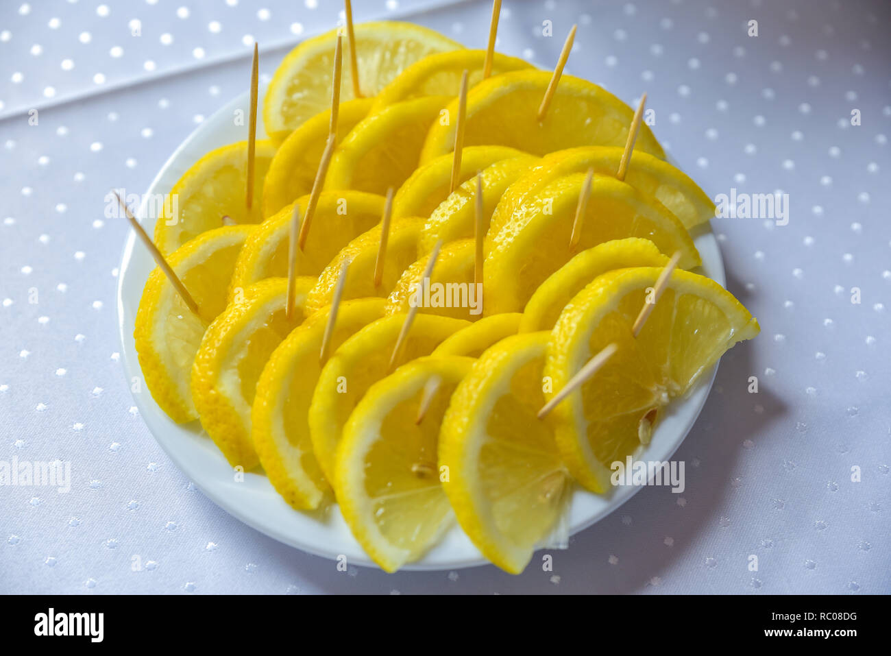Yellow lemon slice standing on a white plat on blurred table Stock ...
