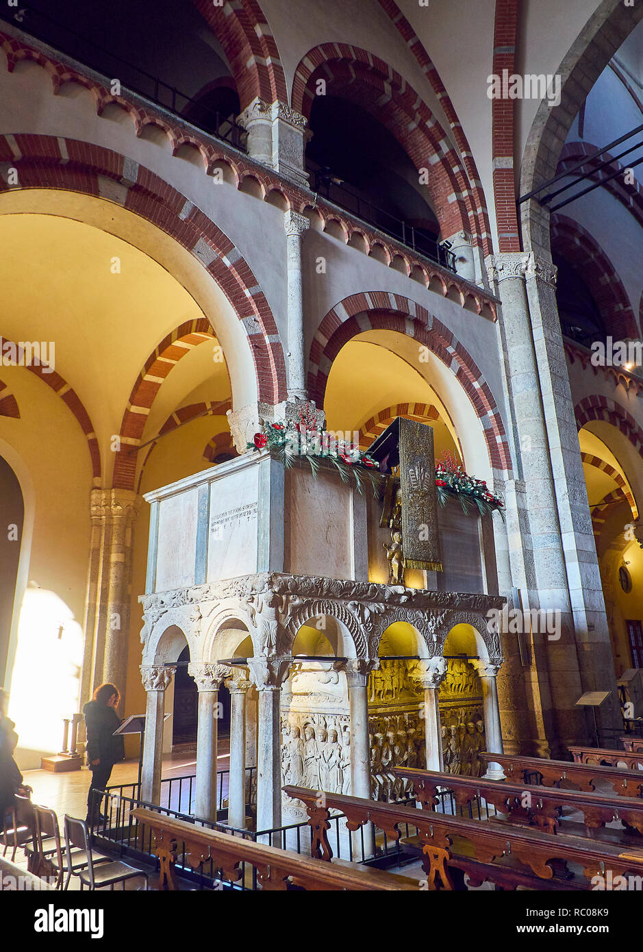 Milan, Italy - December 29, 2018. Marble ambo over the Sarcophagus of ...