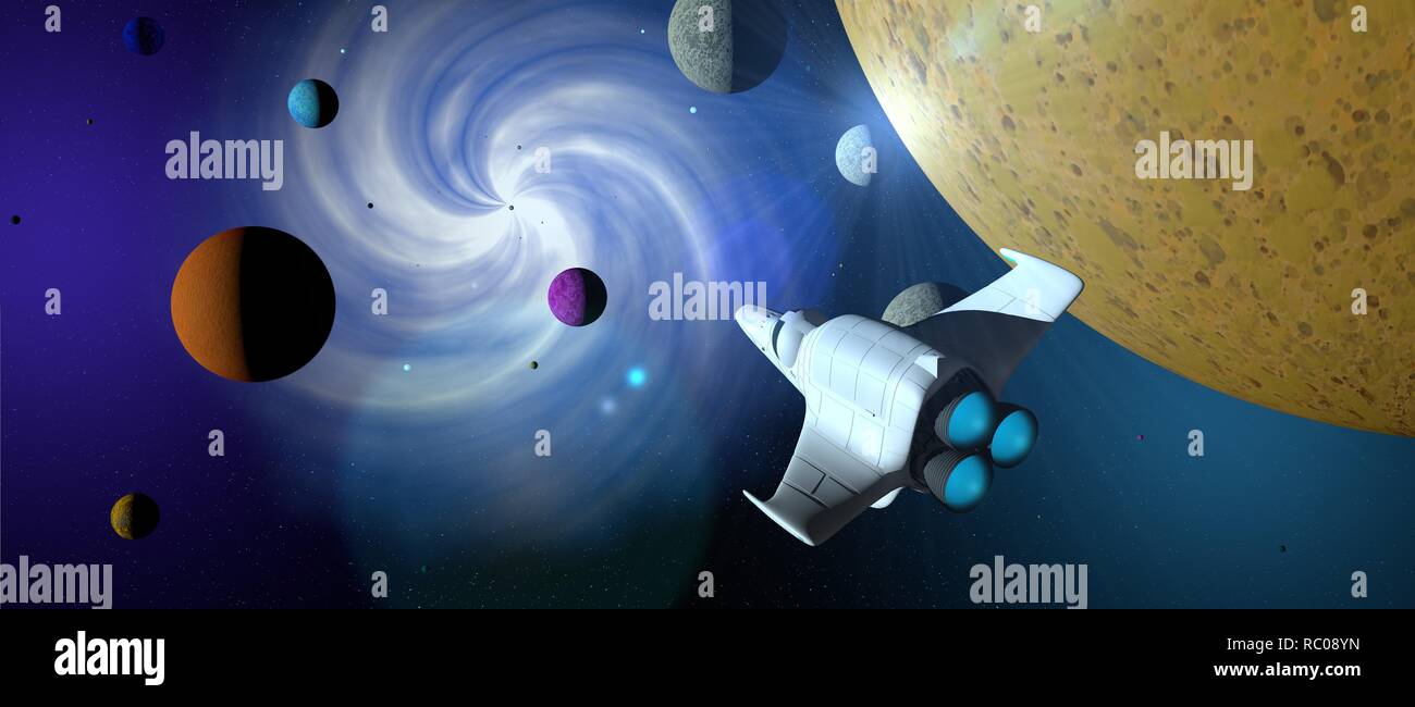 Fantasy scene: White spaceship with turbine lit across the galaxy with ...