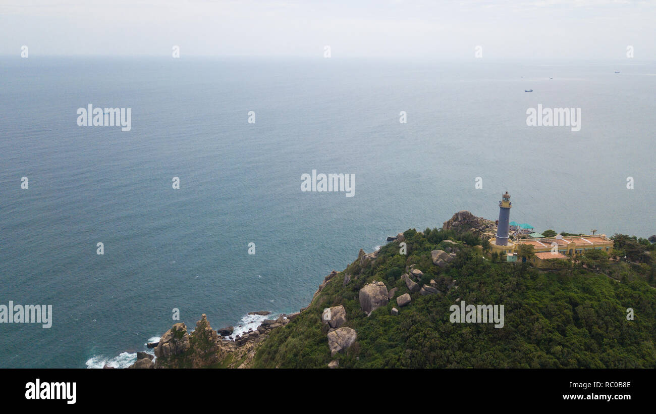 Aerial view of Dai Lanh beach and Mui Dien light house in a sunny day ...