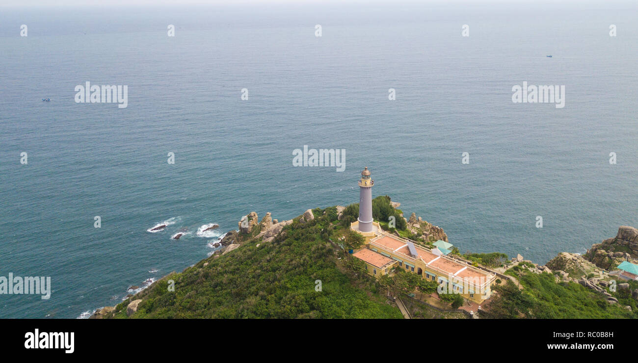 Aerial view of Dai Lanh beach and Mui Dien light house in a sunny day ...