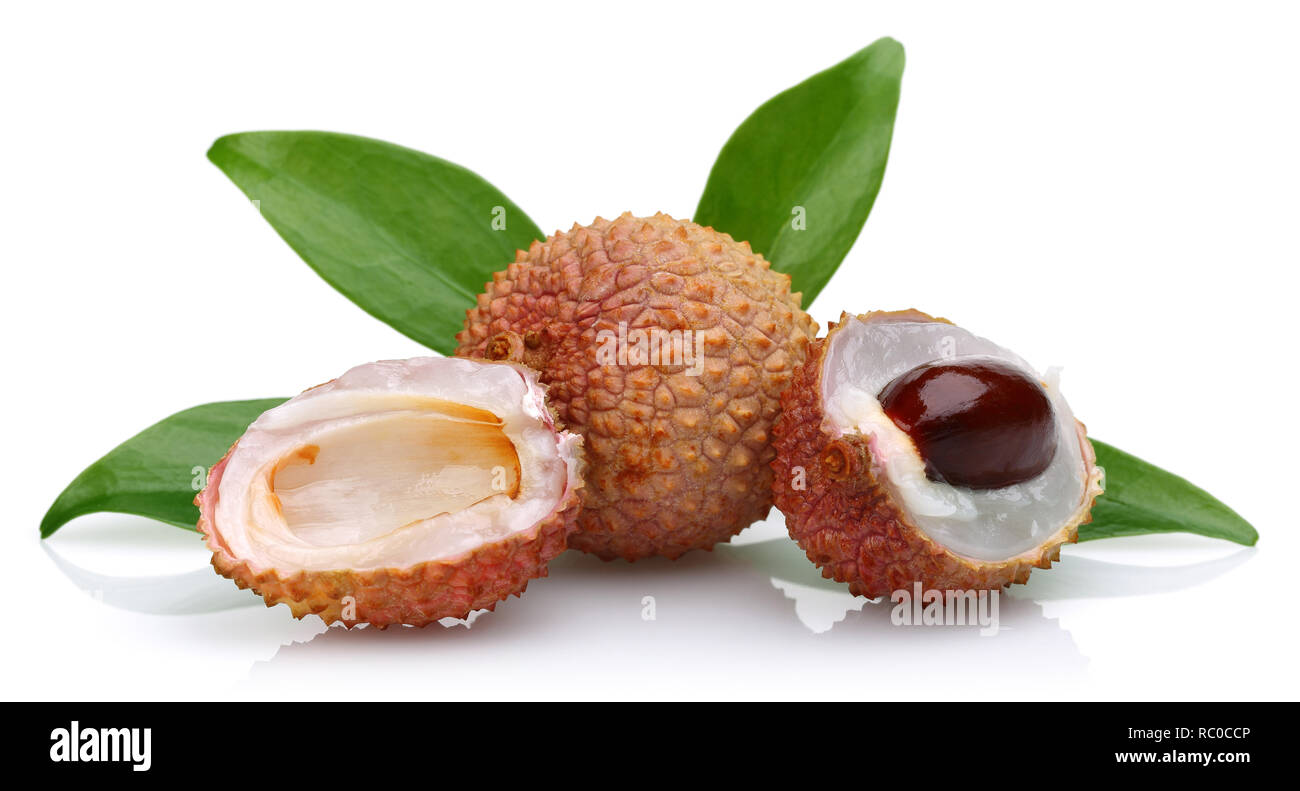 Fresh lychee fruit and leaves isolated on white background Stock Photo ...