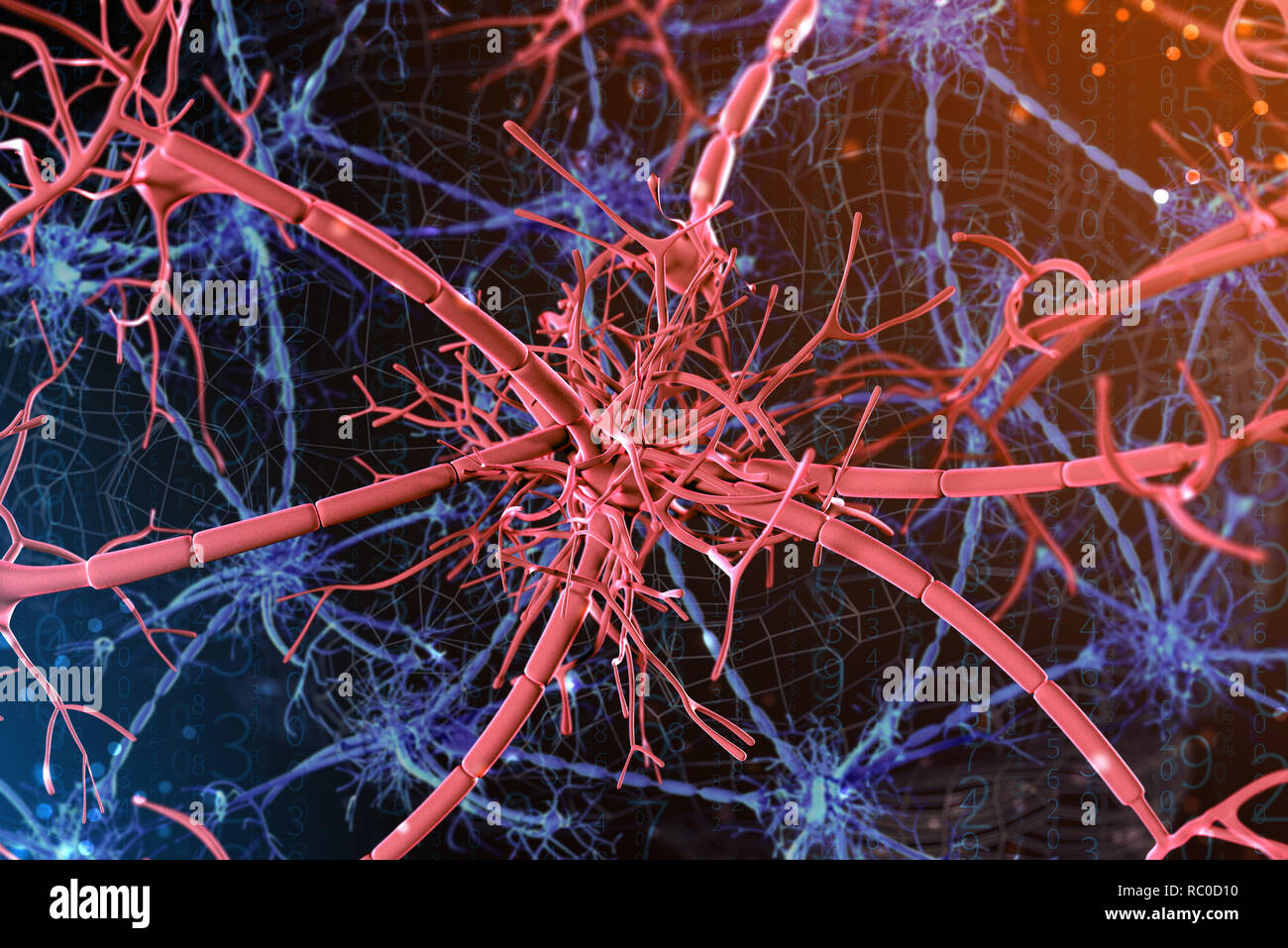 3d illustration of a digital neuron and neural networks. The concept of ...