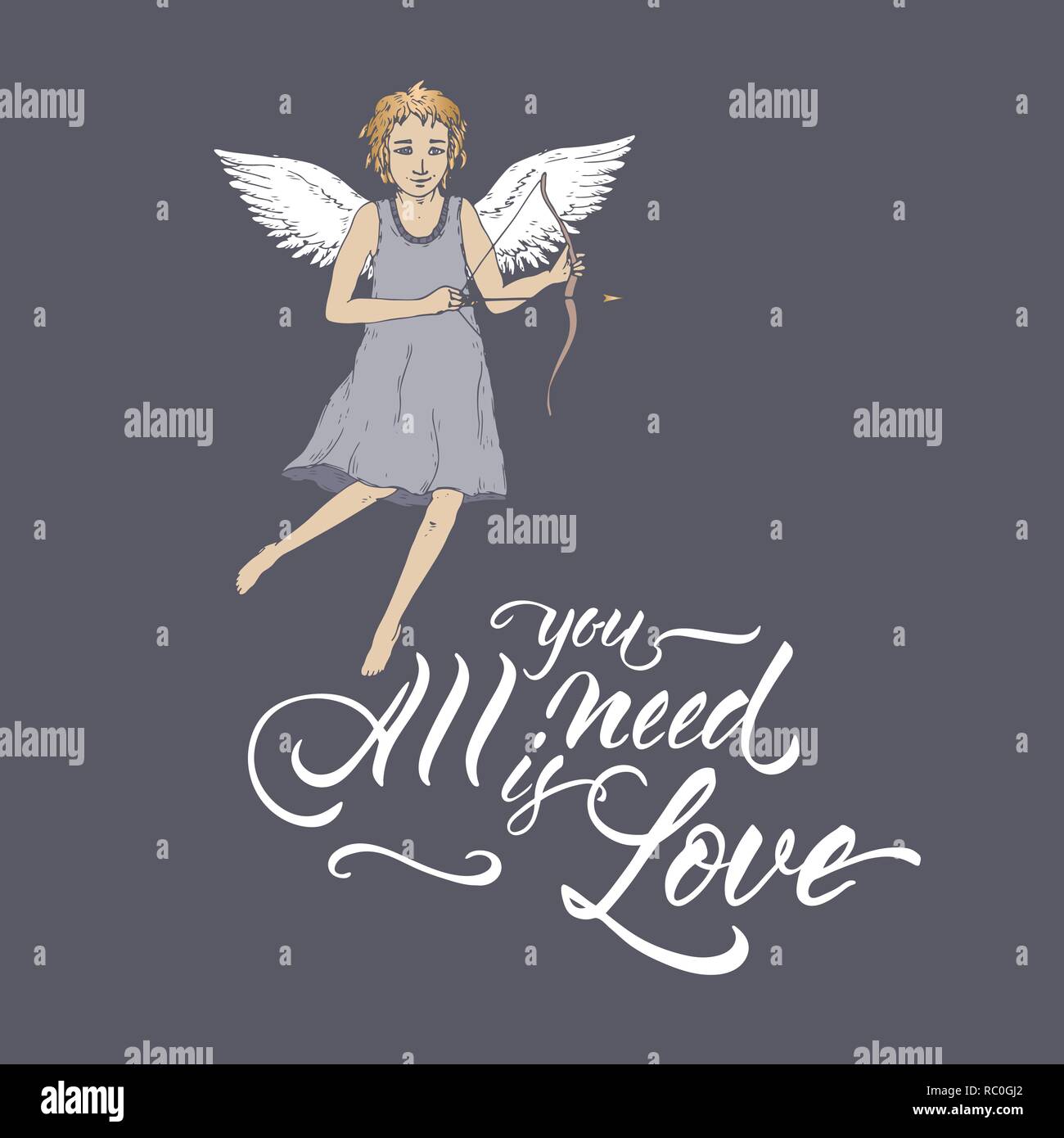 Valentine romantic color card with cupid on blue and brush lettering ...