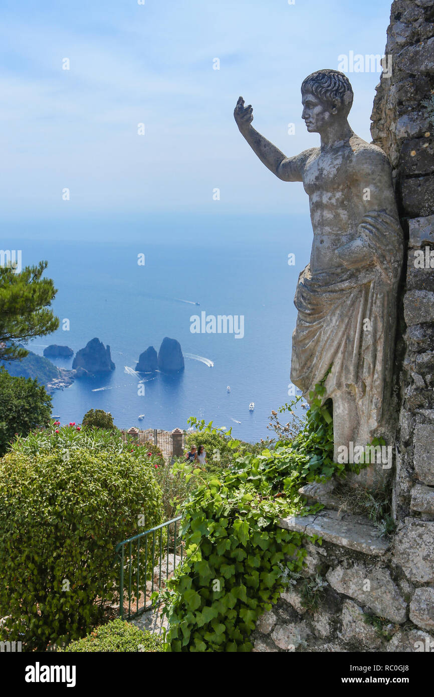 Roman statue above the Mediterranean sea on top of Monte Solaro, Capri ...