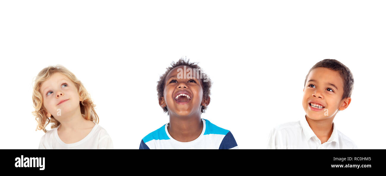Three children looking up isolated on a white backround Stock Photo - Alamy