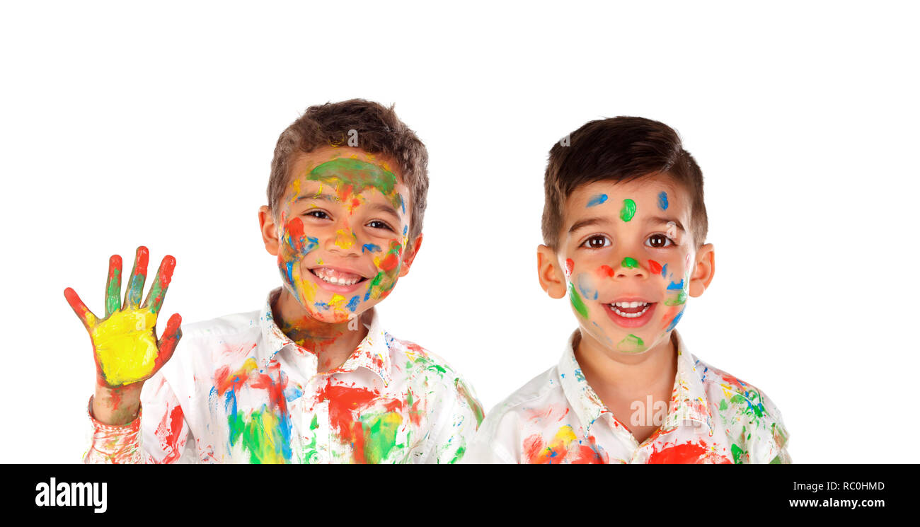 Happy children painting isolated on a white bacground Stock Photo - Alamy