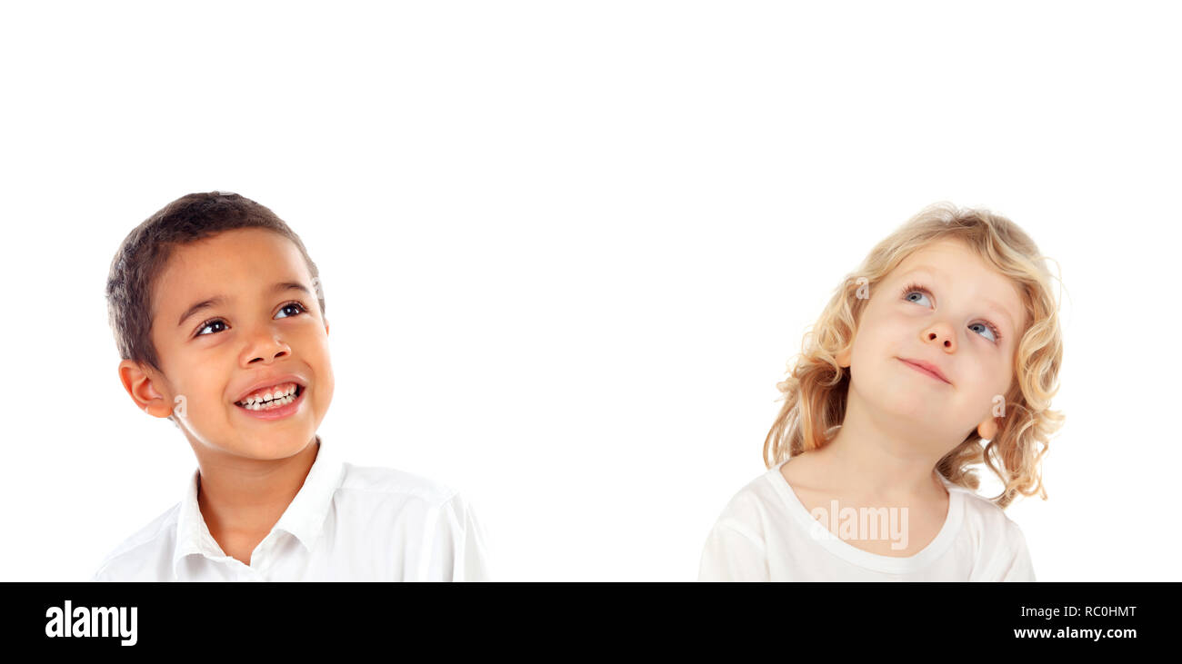 Two children looking up isolated on a white backround Stock Photo - Alamy