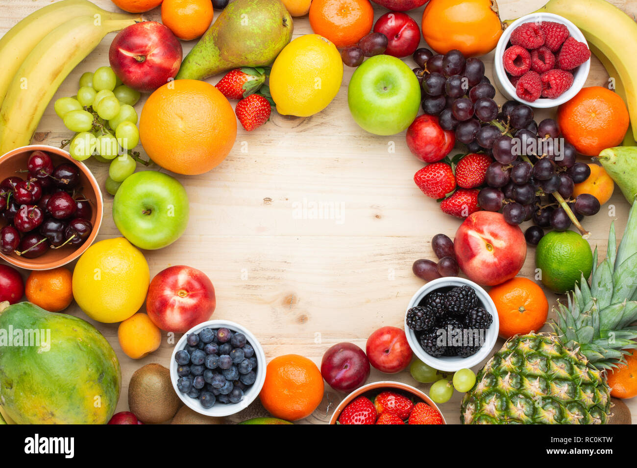 Rainbow fruits background circle frame, strawberries raspberries ...