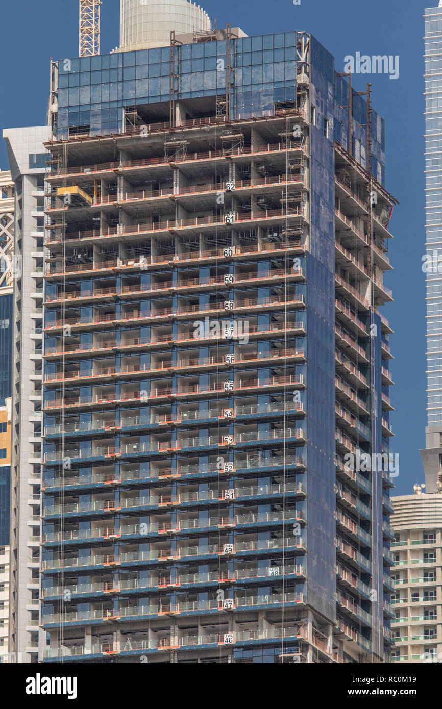 Dubai, United Arab Emirates - October, 2018: Close-up of skyscrapers at ...