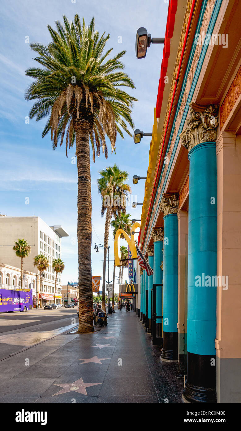 Walk of Fame, Hollywood, Los Angeles with palms and people walking on ...