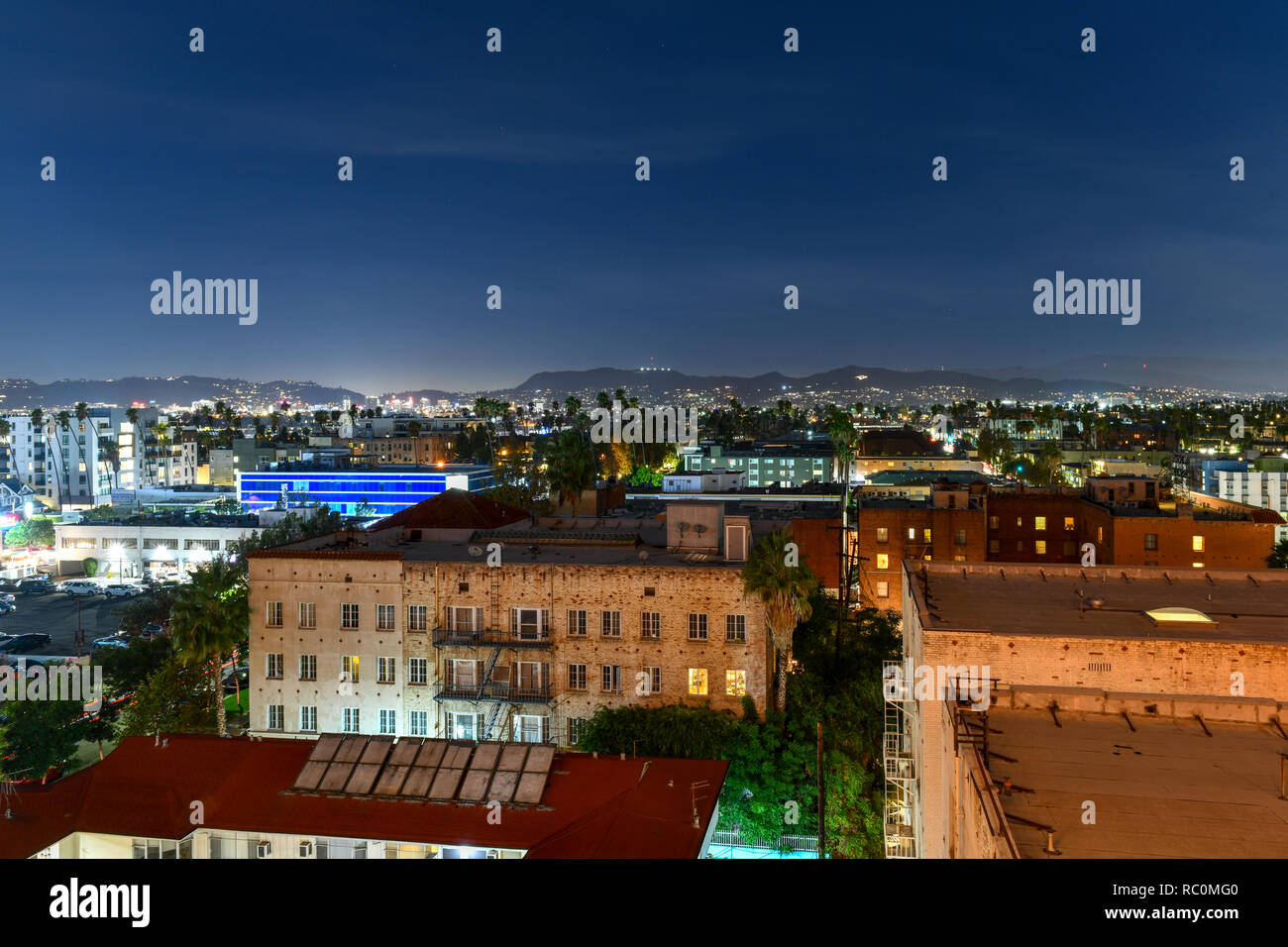 Aerial view of the Los Angeles skyline at night looking towards ...
