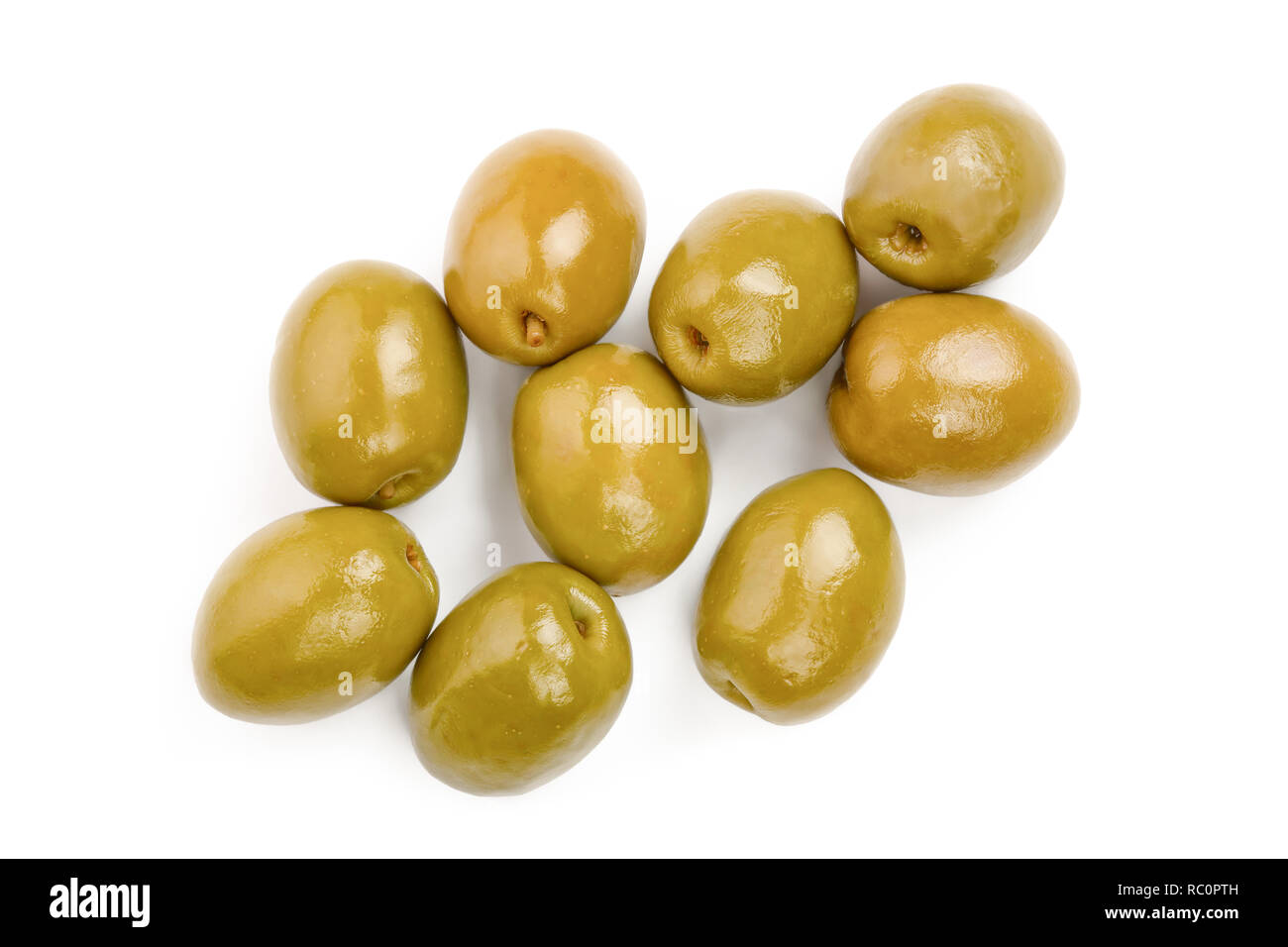Green olives isolated on a white background. Top view. Flat lay Stock ...