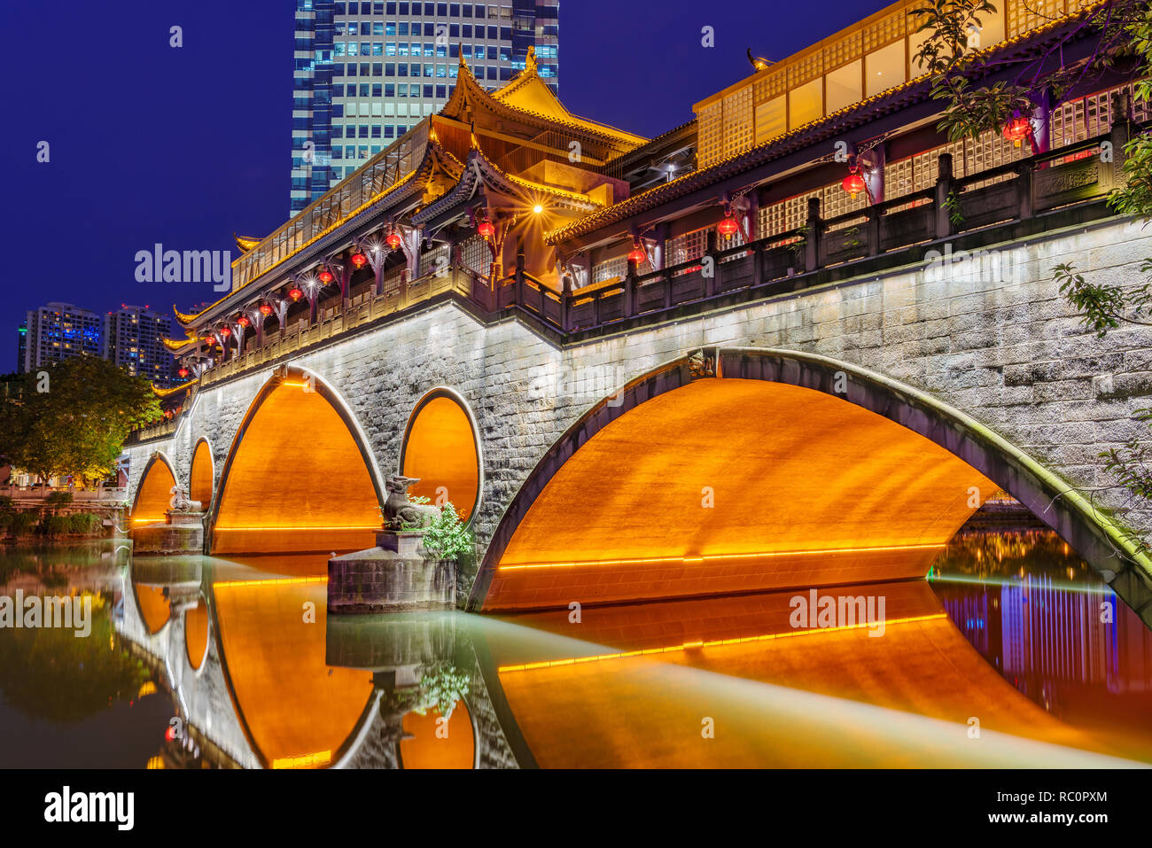 CHENGDU, CHINA - SEPTEMBER 26: Night view of Anshun bridge, a famous ...
