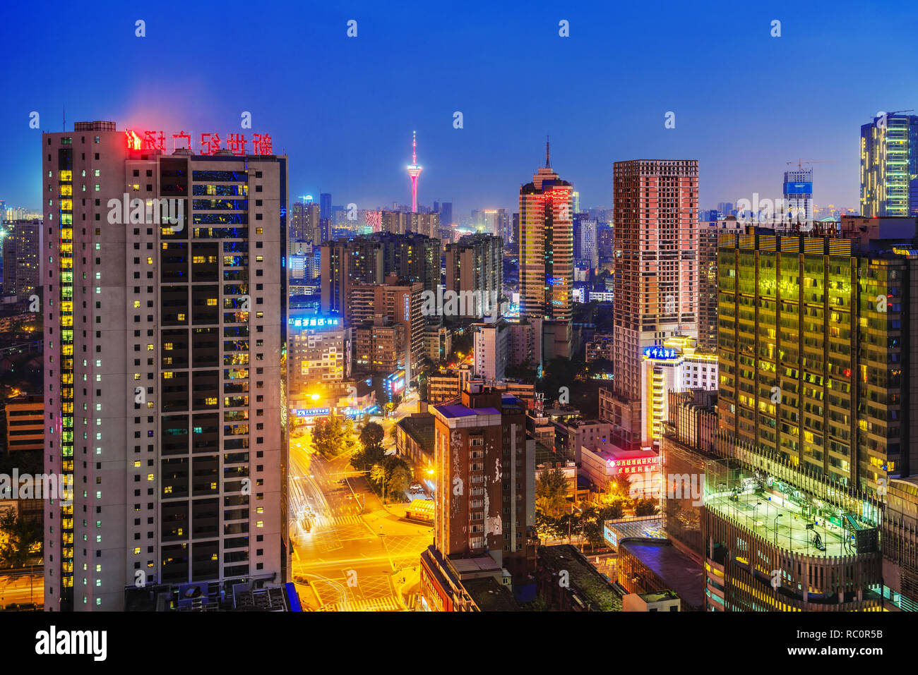 CHENGDU, CHINA - OCTOBER 04: Night view of modern downtown city ...