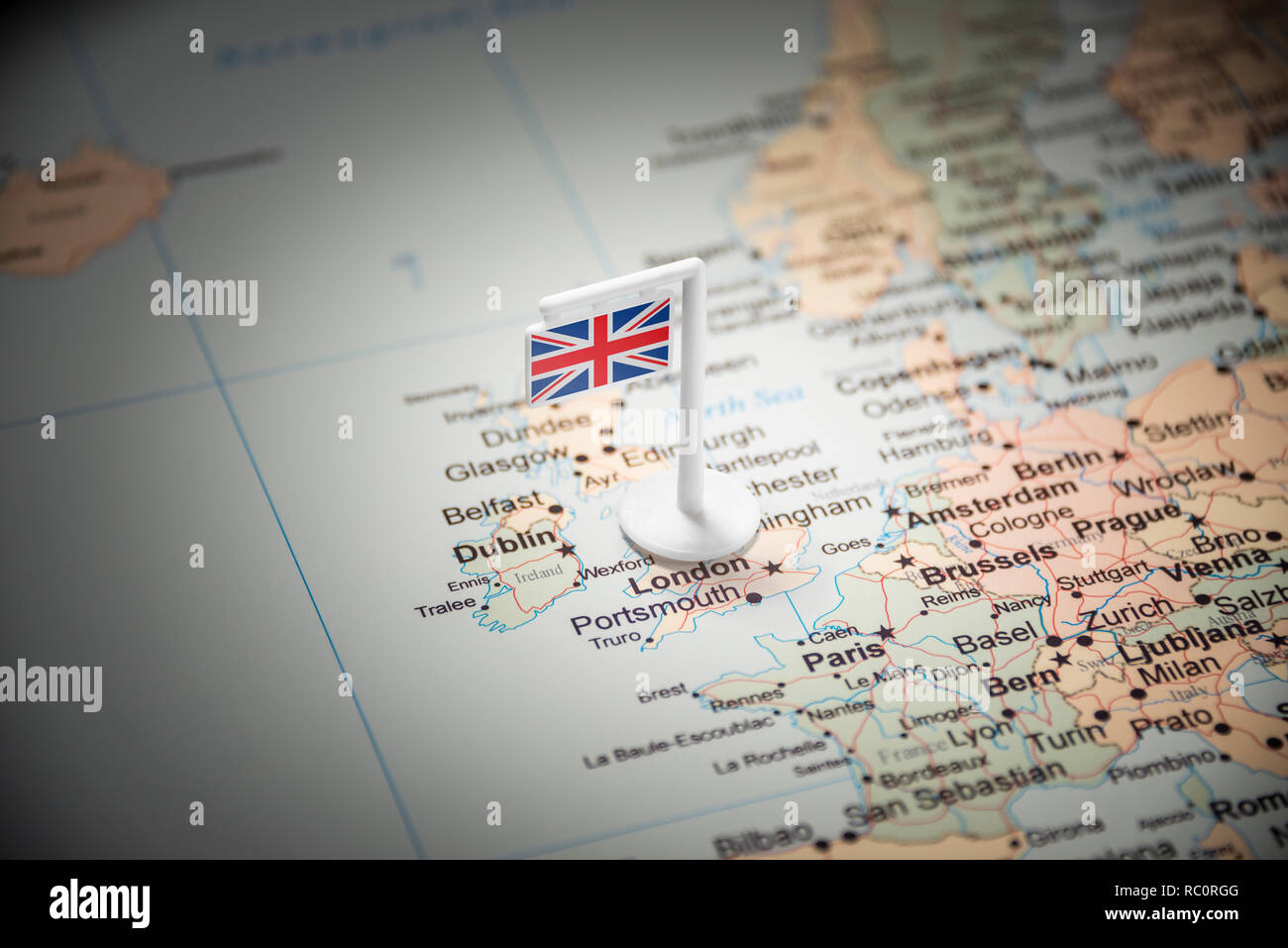 United Kingdom marked with a flag on the map Stock Photo - Alamy