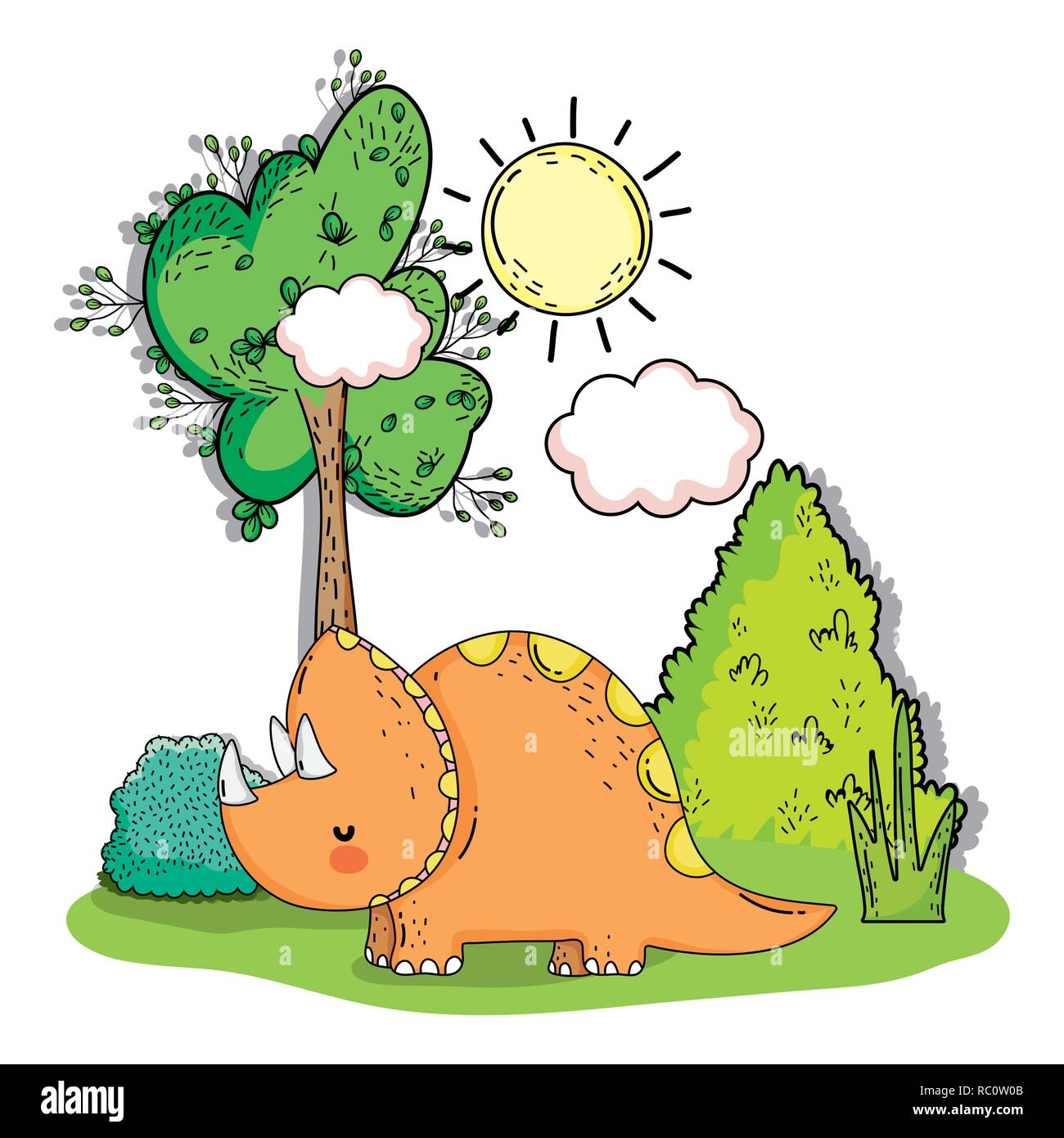 triceratops prehistoric animal with tree and bushes Stock Vector Image ...