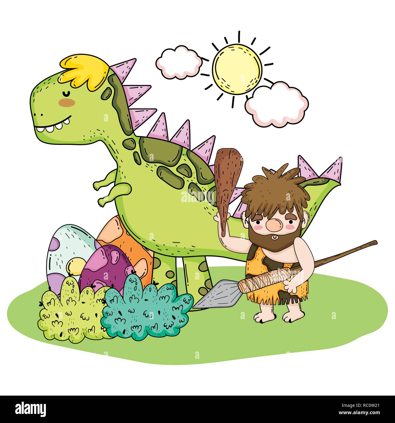 primitive man hunting tyrannosarus and dino eggs Stock Vector Image ...